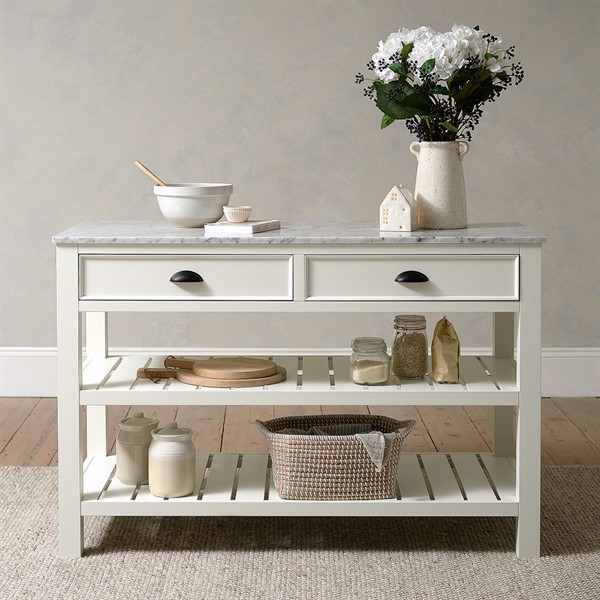 Stow Warm White Marble Top Kitchen Island - The Cotswold Company