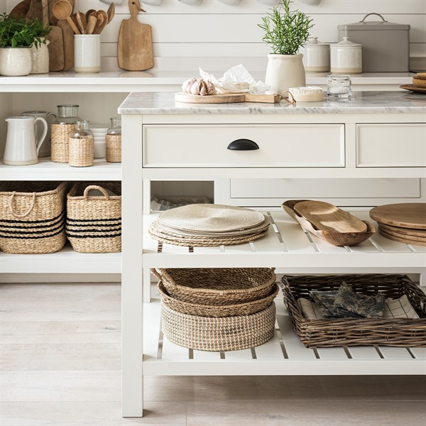 Stow Warm White Marble Top Kitchen Island - The Cotswold Company