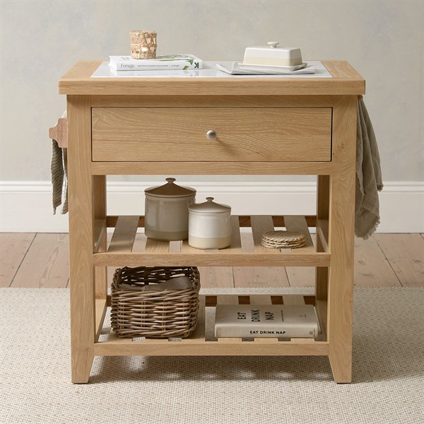 Inglesham Whitewash Oak Small Kitchen Island With White Marble Top ...