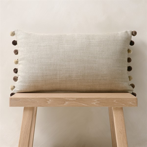 Molly Linen Cushion With Natural Pom Poms - 30x50cm - The Cotswold Company